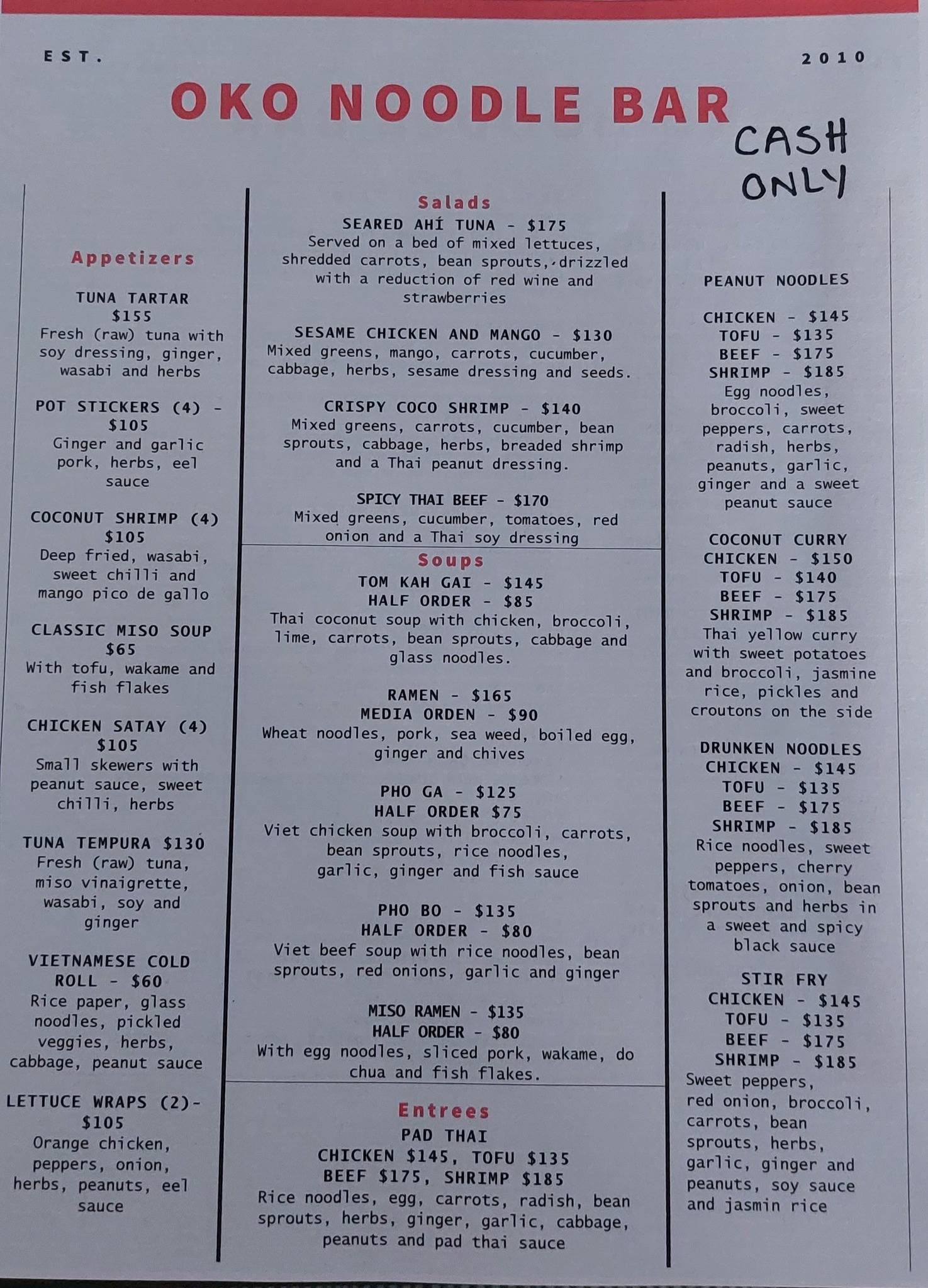 Menu at Oko Noodle Bar, San Miguel de Allende