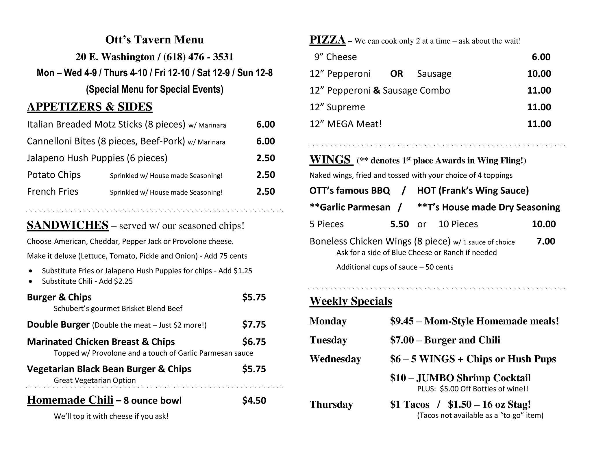 Menu at Otts Tavern pub & bar, Millstadt