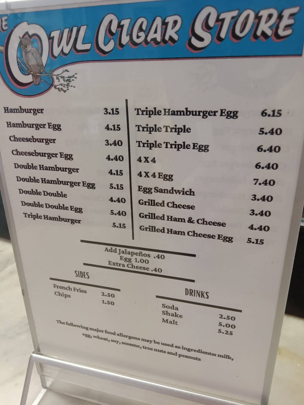 Menu at Owl Cigar Store pub & bar, Cañon City