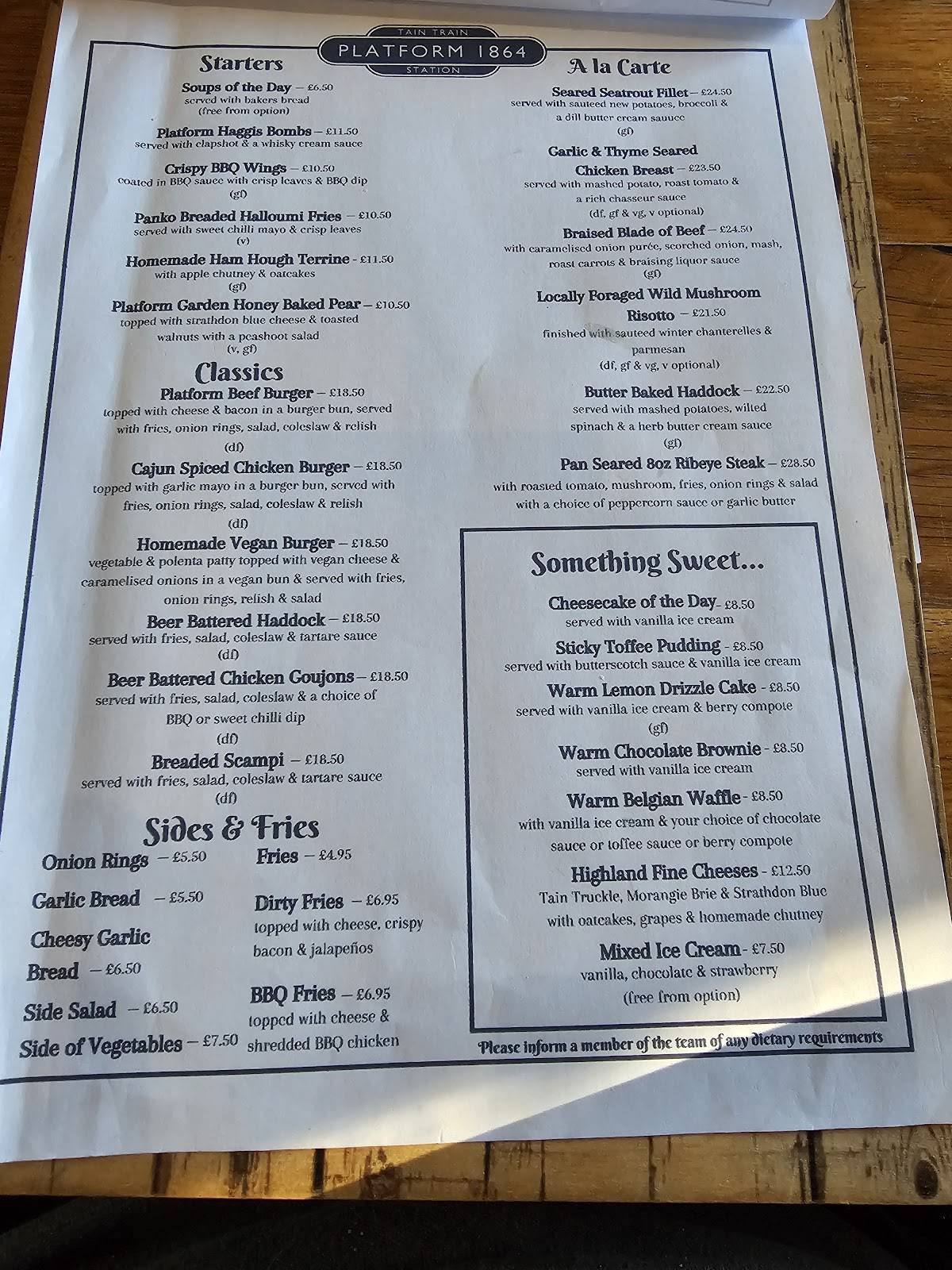 Menu at Platform 1864 pub & bar, Tain