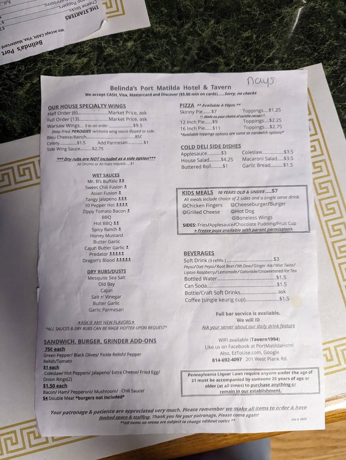 Menu at Port Matilda Hotel & Tavern restaurant, Port Matilda