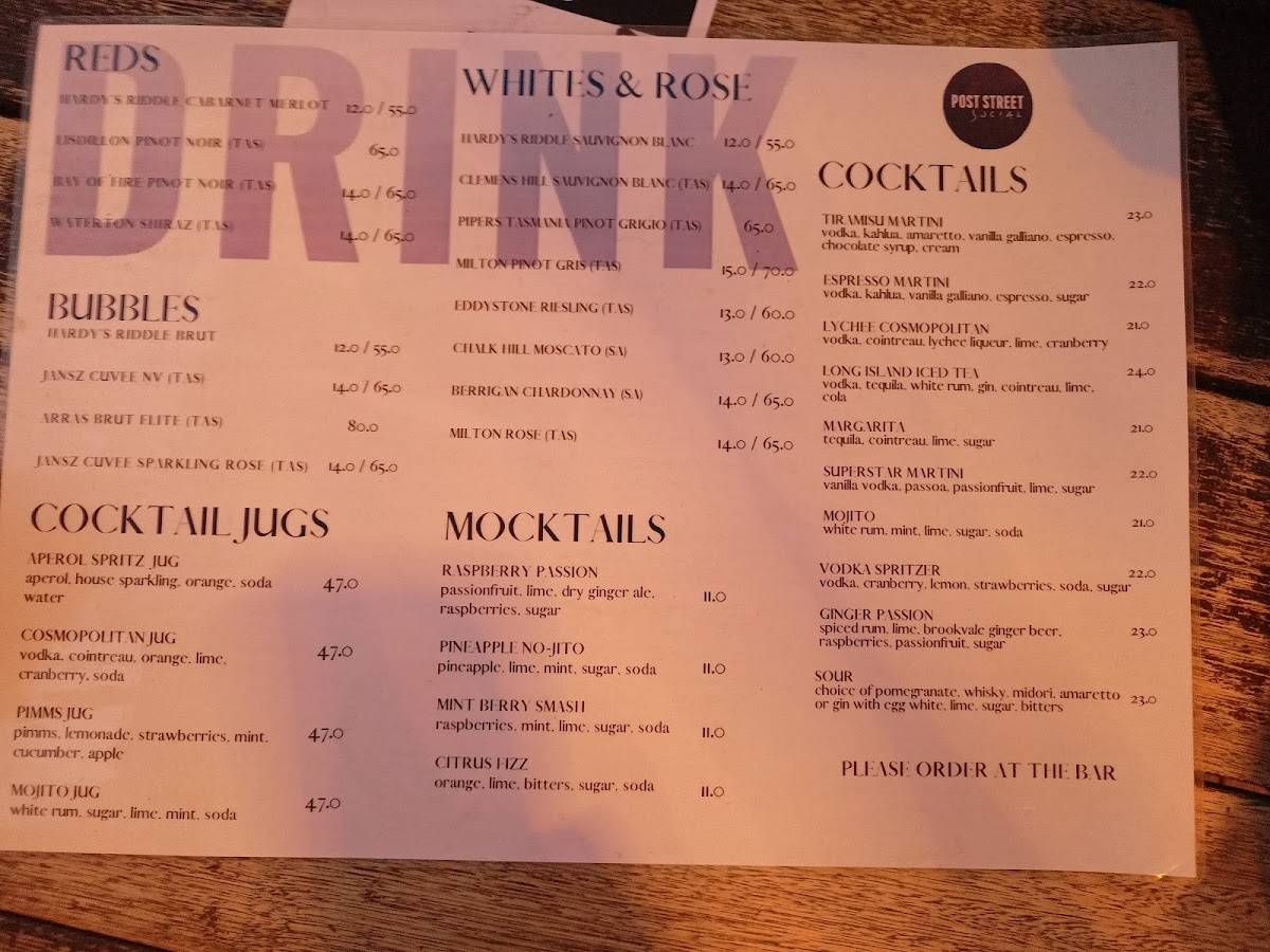 Menu at Post Street Social pub & bar, Hobart