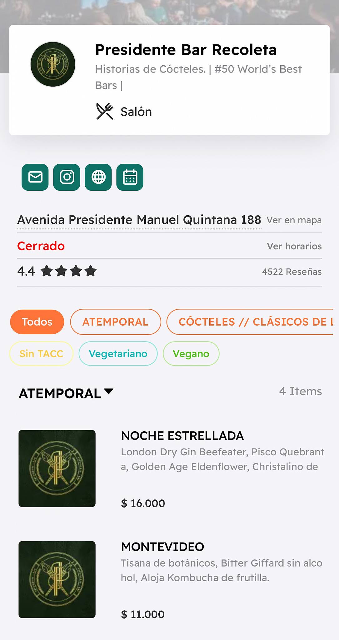 Carta de Presidente Bar | Recoleta, Buenos Aires