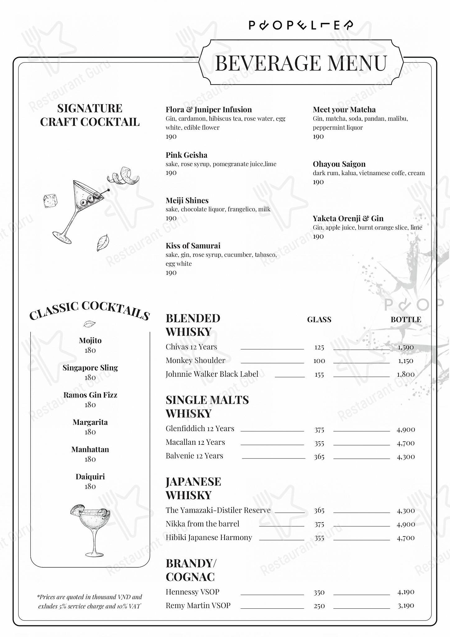 Menu at Propeller Rooftop Bar HCM, Ho Chi Minh City