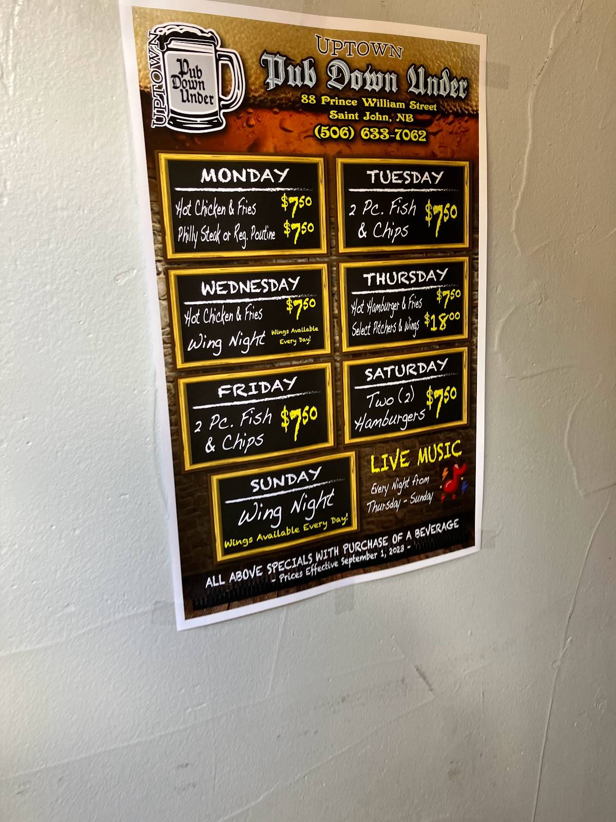 Menu at Pub Down Under, Saint John, Place 400