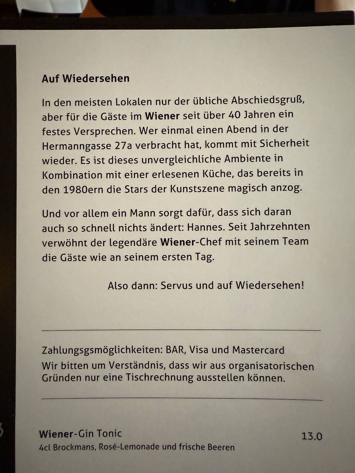 Menu at Restaurant Wiener, Vienna, Hermanngasse 27a