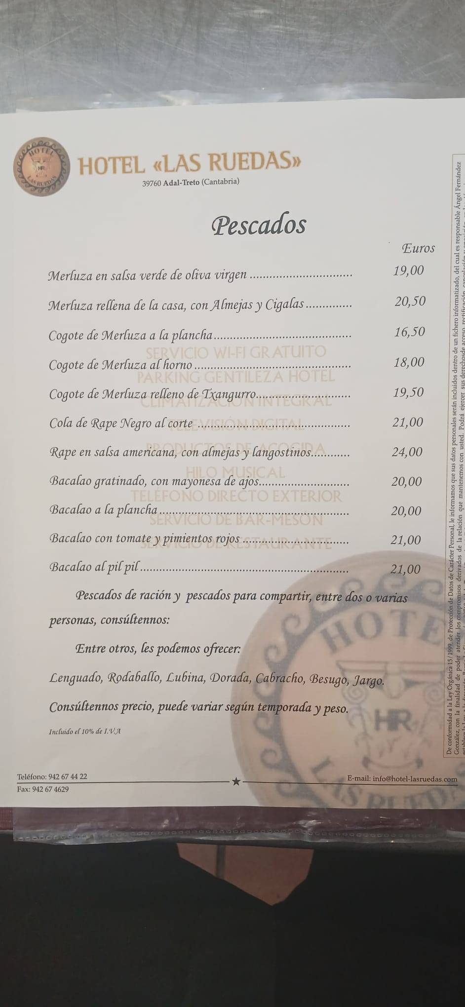 Carta de Restaurante Las Ruedas, Treto