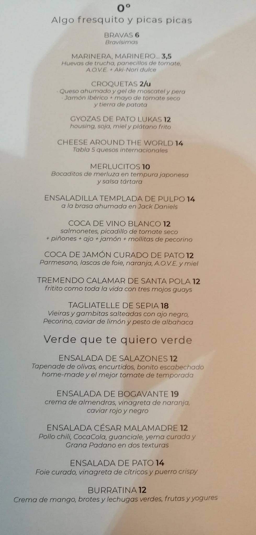 Carta de MALA MADRE RESTAURANTE, Santa Pola