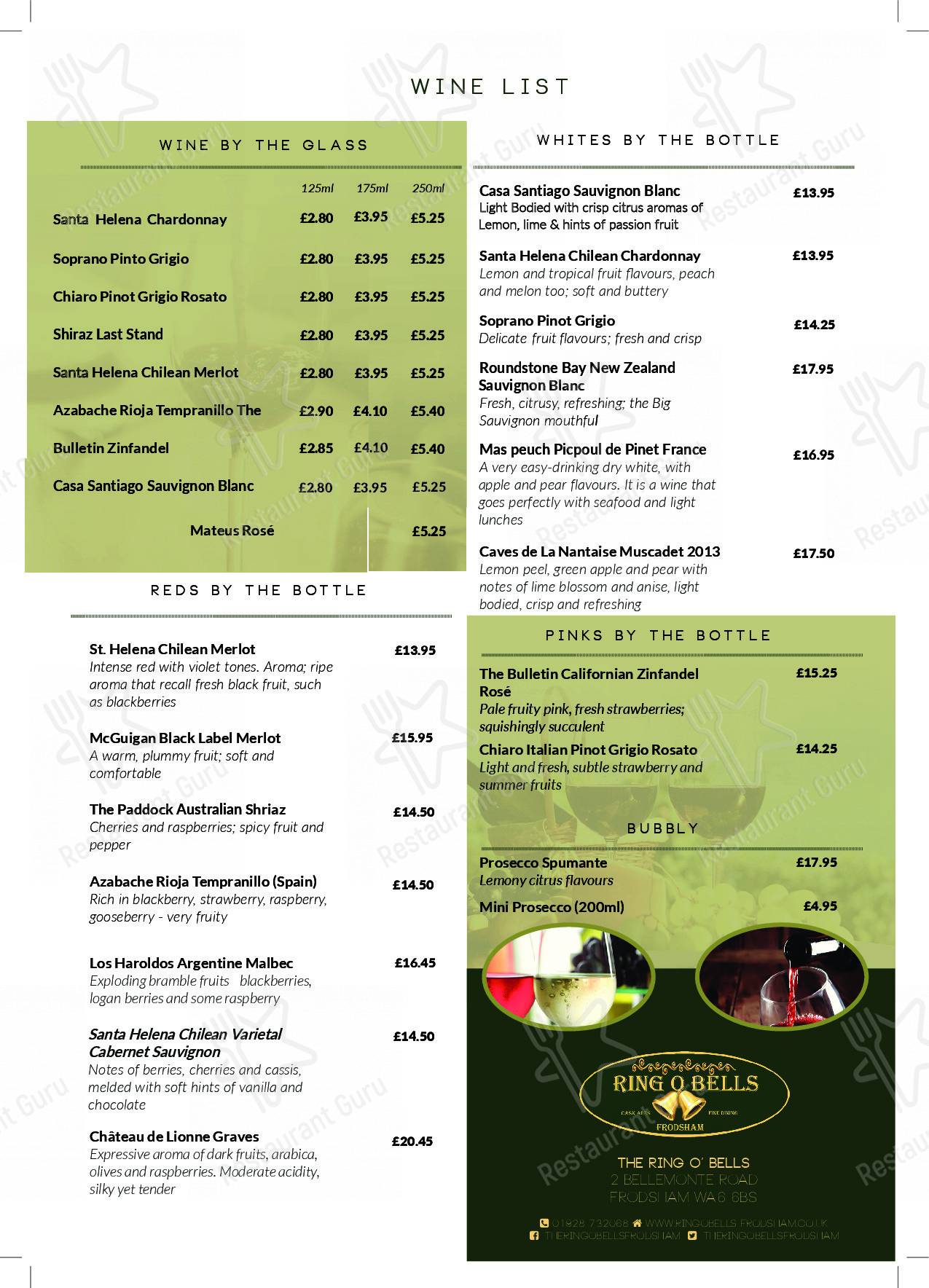 Menu at The Ring O' Bells pub & bar, Frodsham, 2 Bellemonte Rd