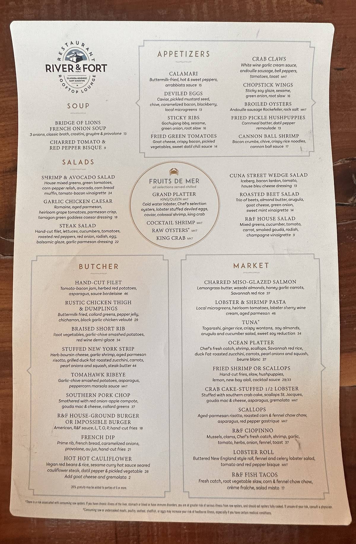 Menu at River & Fort Restaurant & Roof Top Lounge, St. Augustine