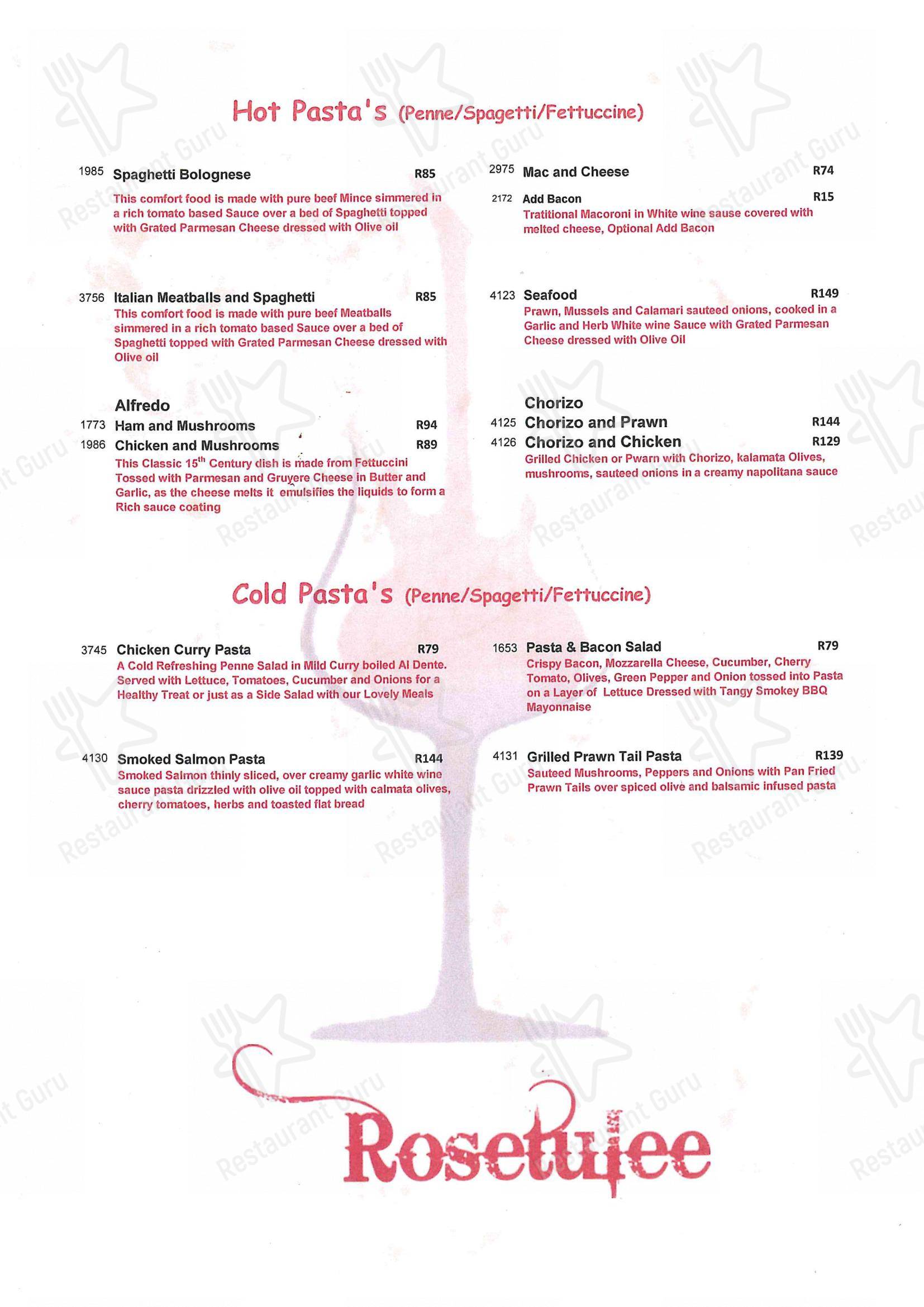 Menu at Rose Tulee pub & bar, Brakpan