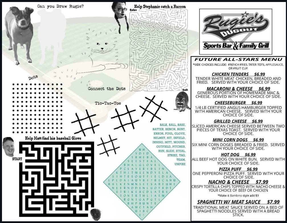Menu at Rugies Dugout pub & bar, Monticello