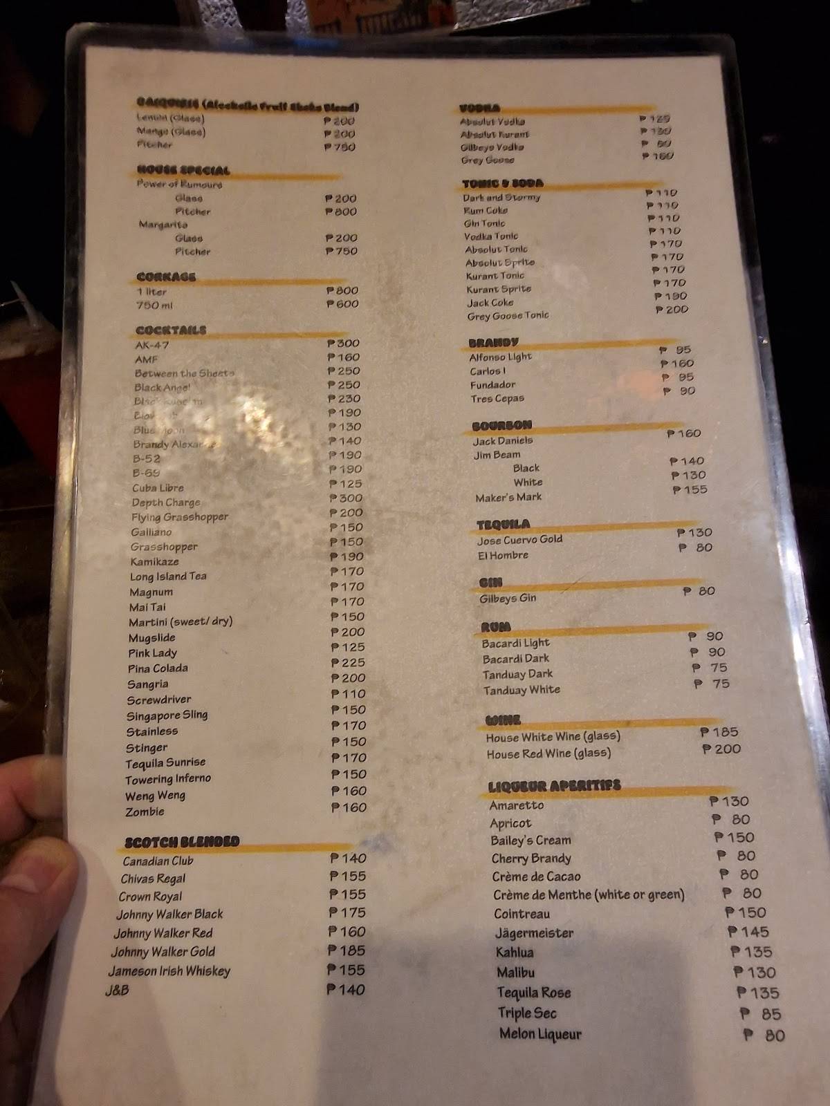 Menu at Rumours Bar and Restaurant, Baguio