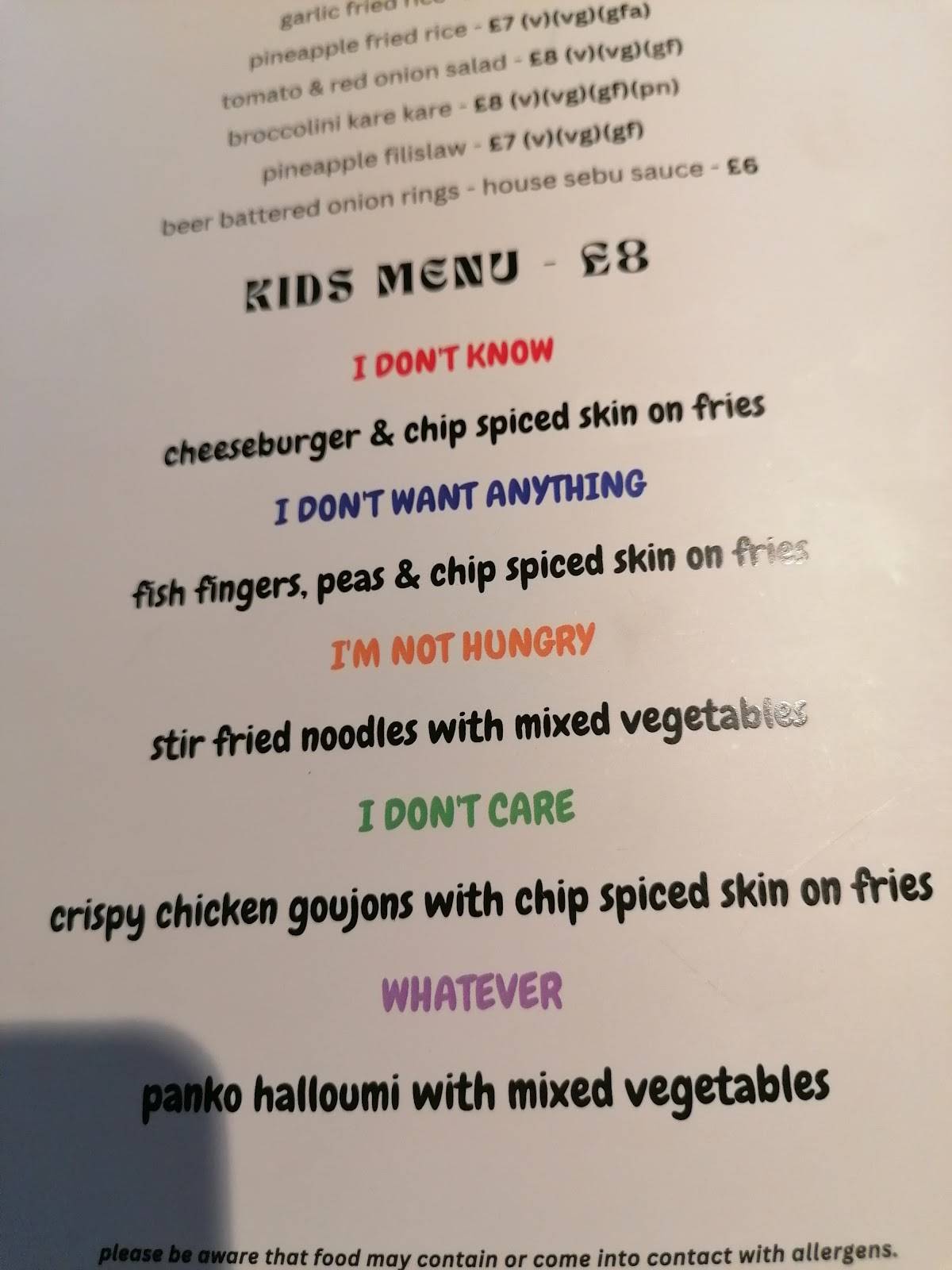 Menu at SEBU pub & bar, Hull