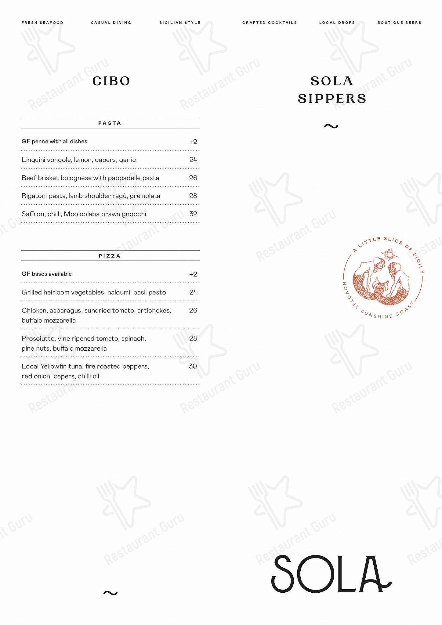 Menu at Sola Bar & Restaurant, Twin Waters