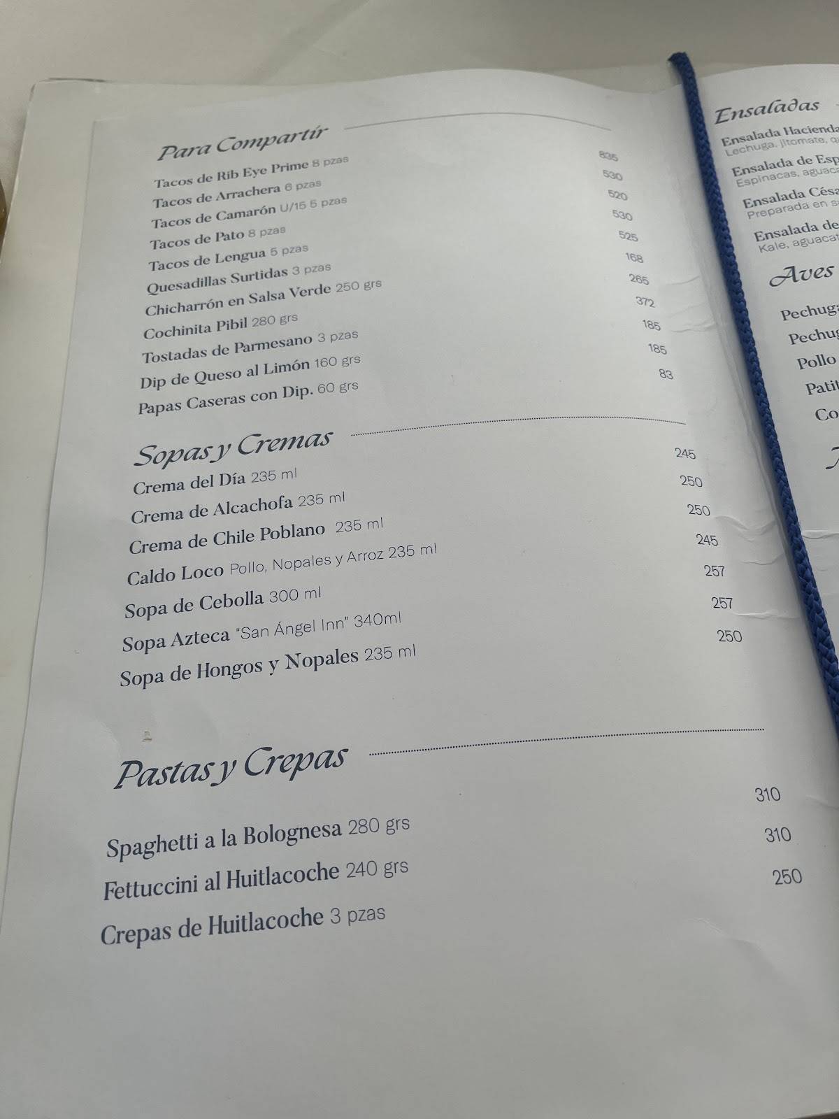 Menu at San Ángel Inn pub & bar, Mexico City, Diego Rivera 50