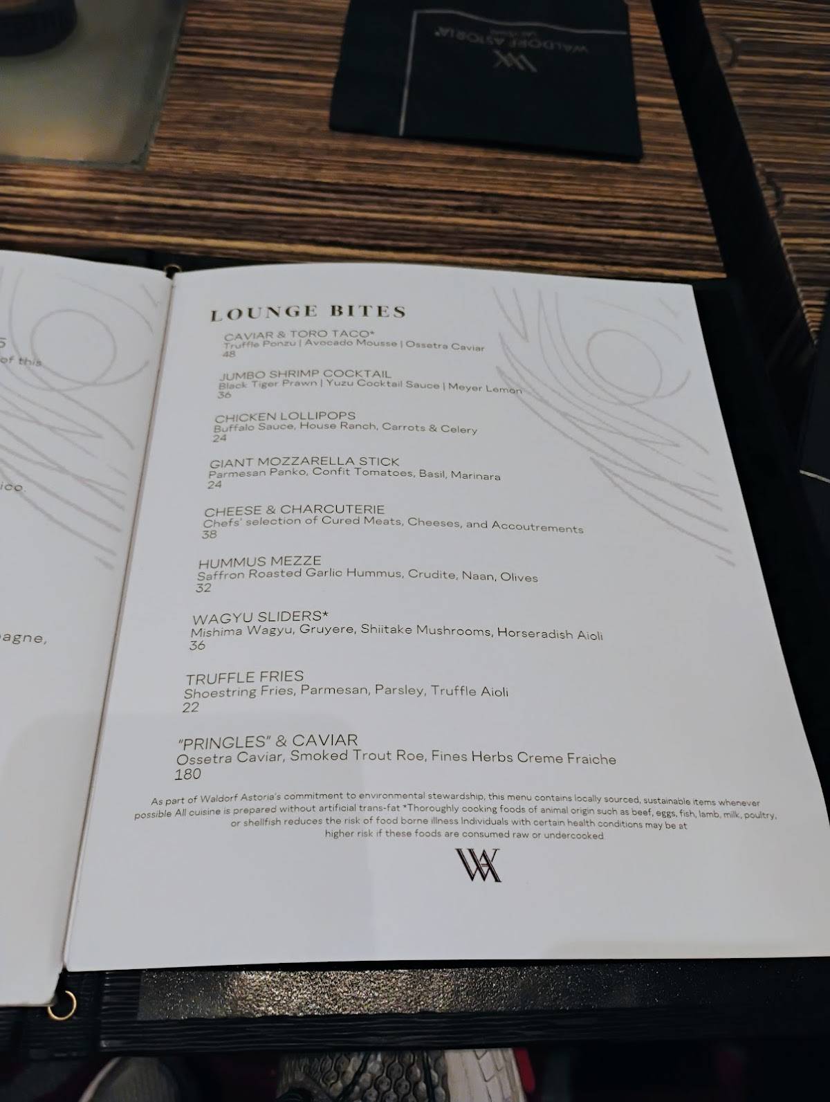 Menu at Skybar, Las Vegas, Las Vegas Blvd S
