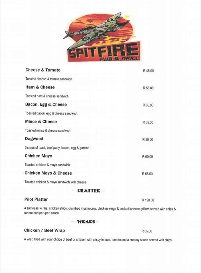 Menu at Spitfire Pub and Grill, Secunda
