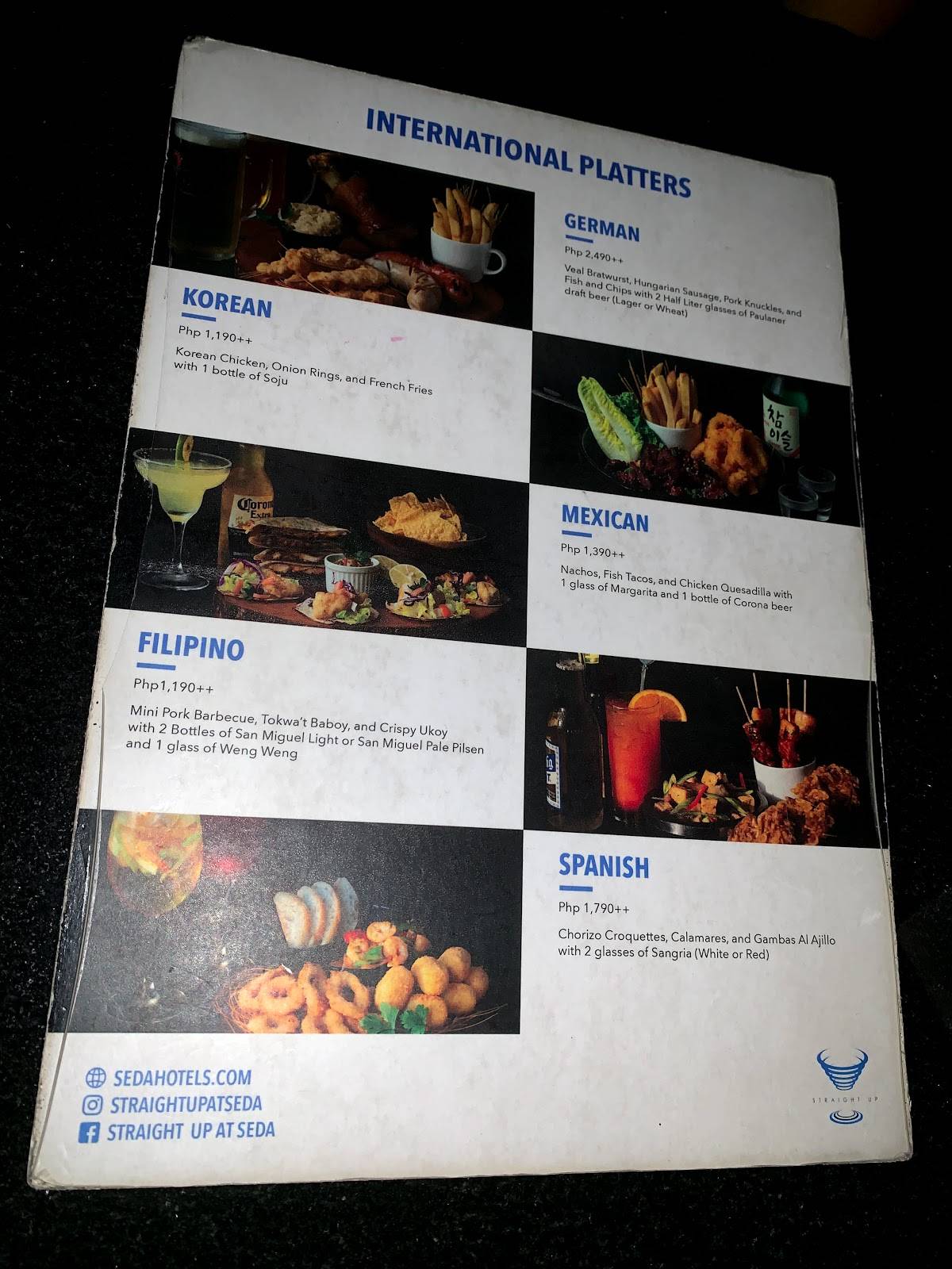 Menu at Straight Up Bar at Seda BGC, Taguig, Seda Hotel Rooftop
