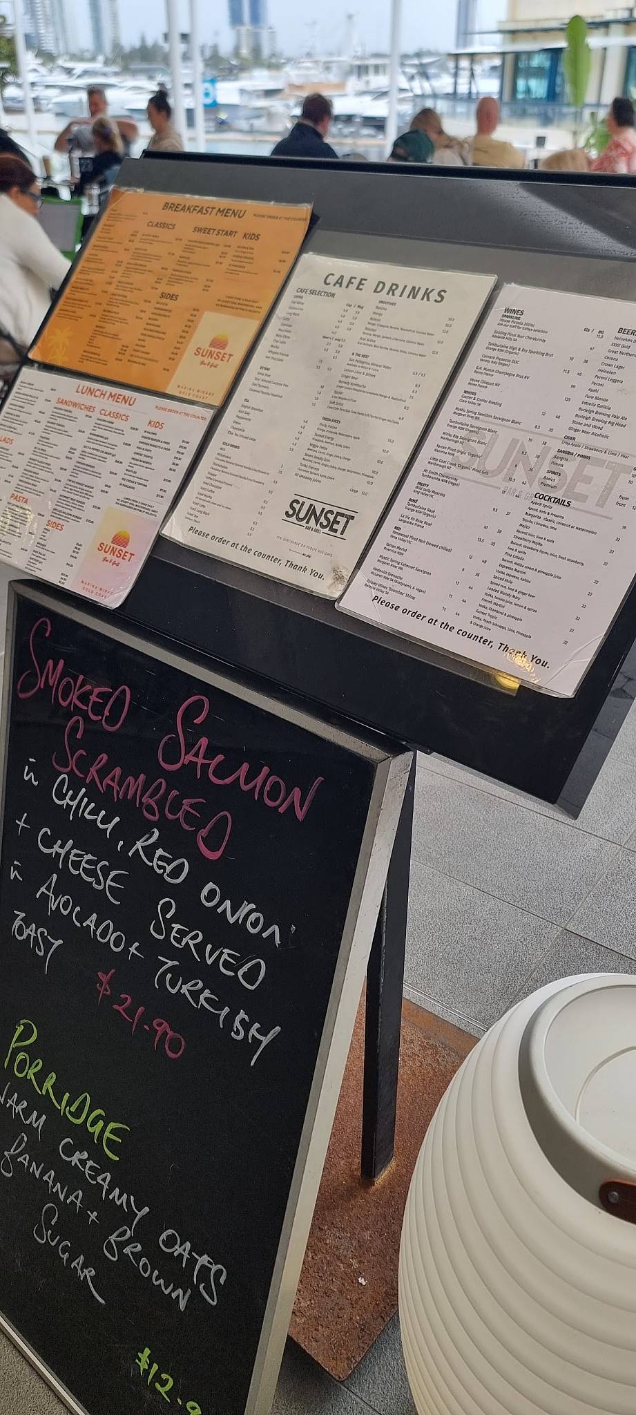 Menu at Sunset Waterfront Grill pub & bar, Main Beach