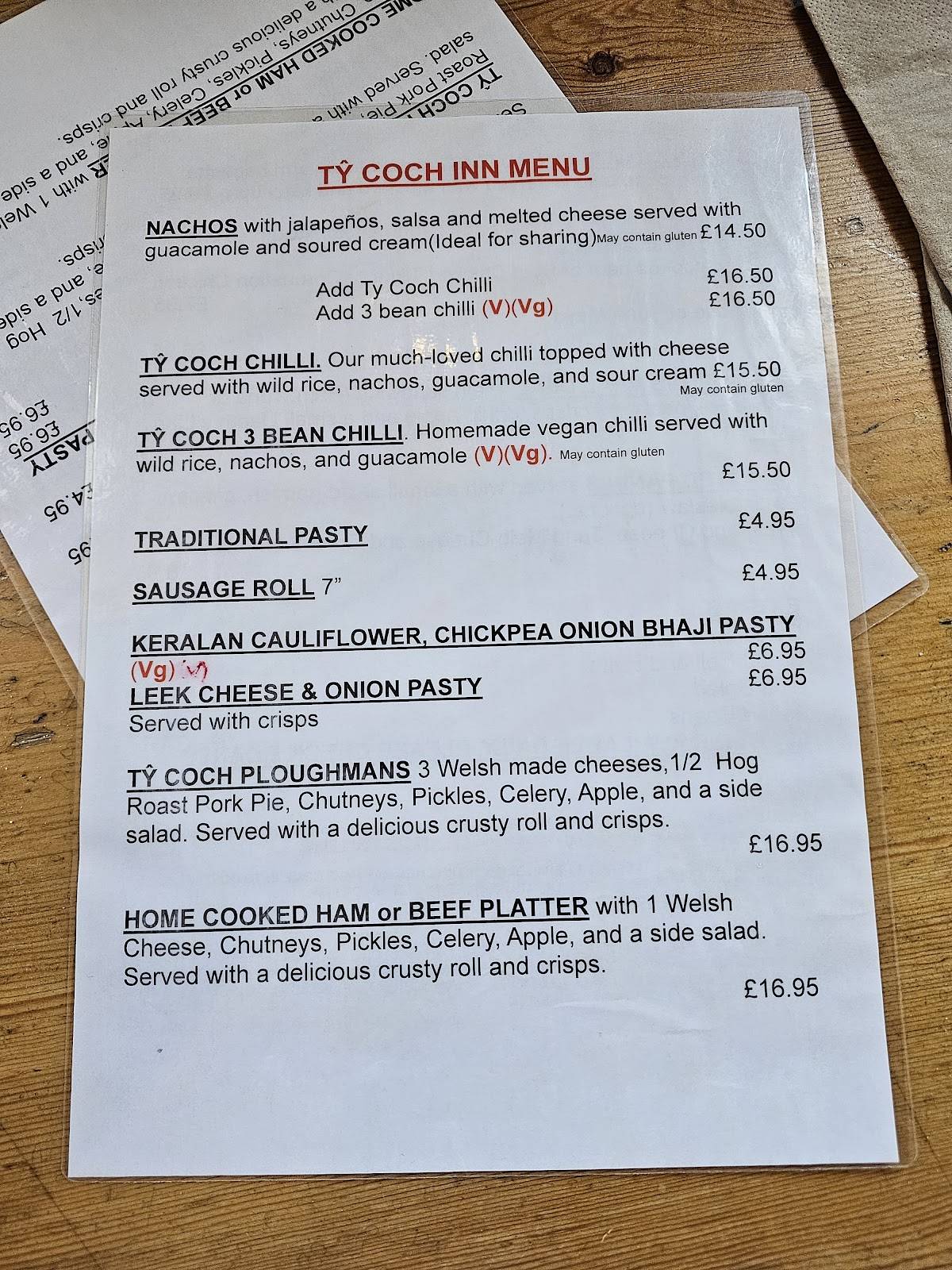 Menu at Tŷ Coch Inn pub & bar, Morfa Nefyn