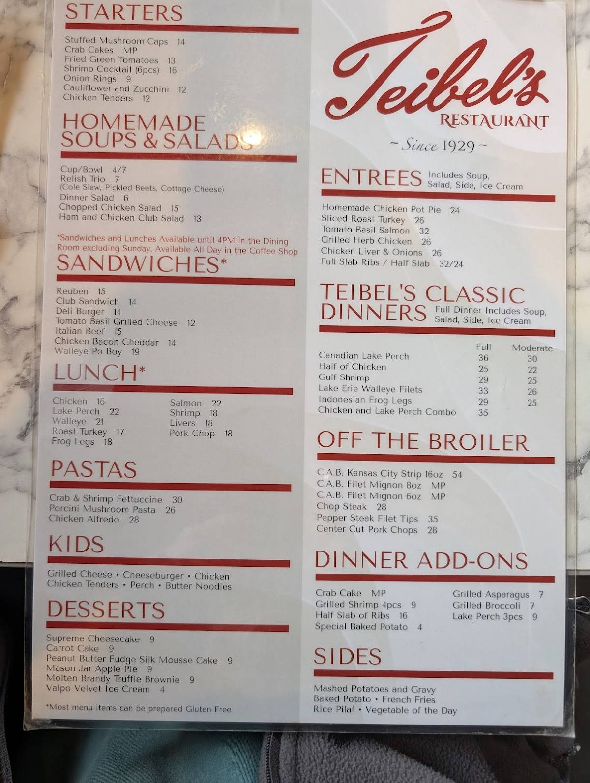 Menu at Teibel's Family Restaurant, Schererville