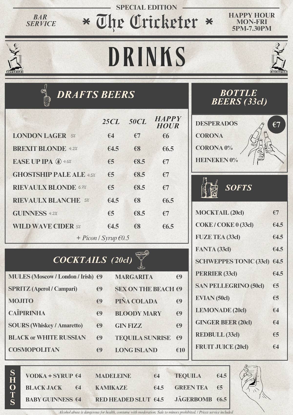 Menu au The Cricketer pub et bar, Paris, 41 Rue des Mathurins