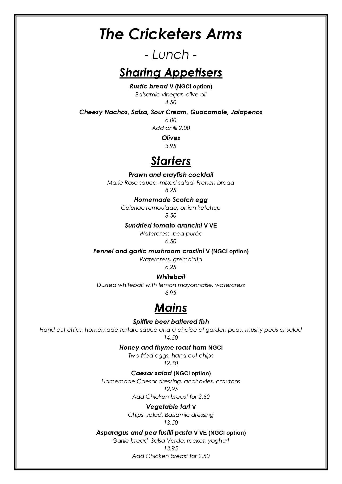 Menu at The Cricketers Arms pub & bar, Little Baddow