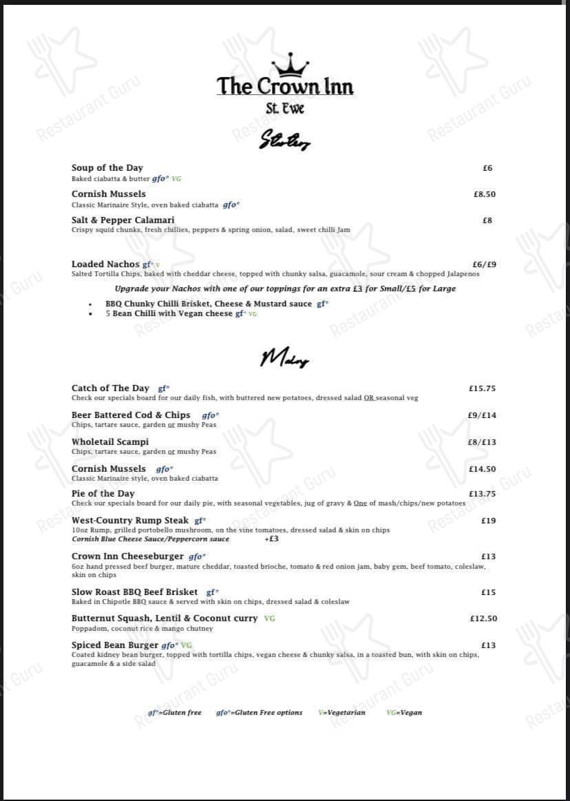 Menu at The Crown Inn pub & bar, Saint Ewe, Churchtown Cottage