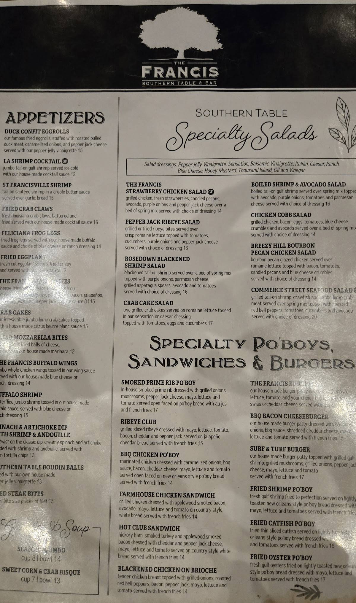 Menu at The Francis Southern Table & Bar, Saint Francisville, US-61
