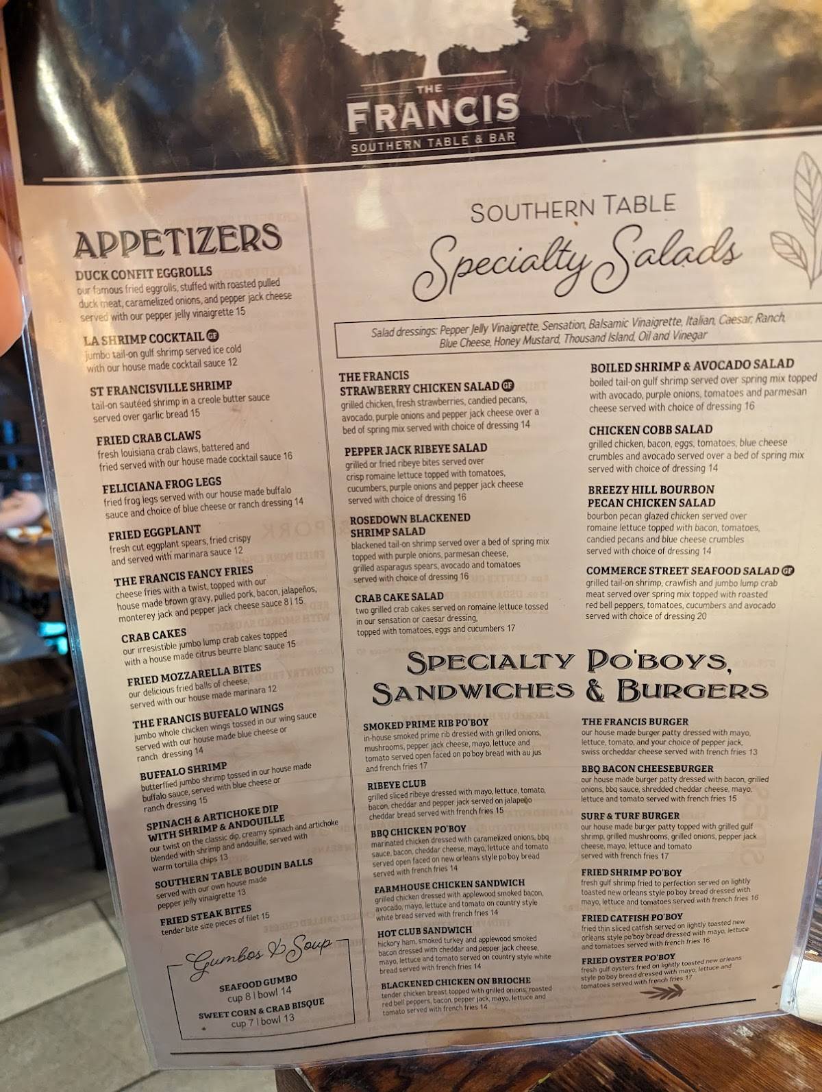 Menu at The Francis Southern Table & Bar, Saint Francisville, US-61