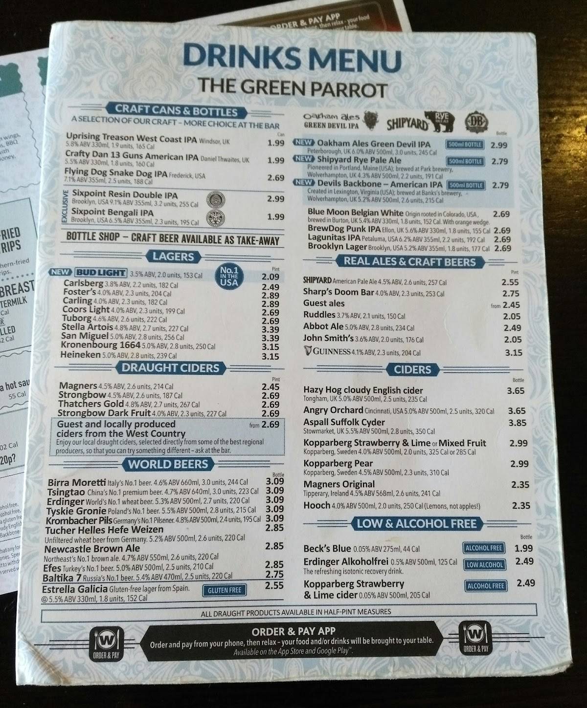 Menu at The Green Parrot - JD Wetherspoon pub & bar, Perranporth