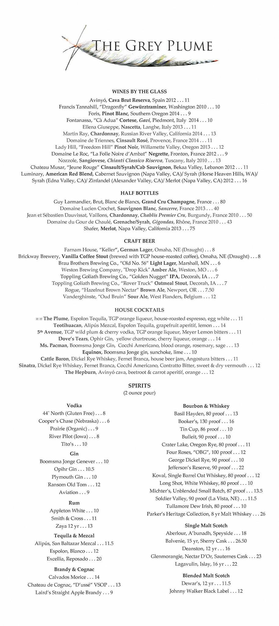Menu at The Grey Plume pub & bar, Omaha