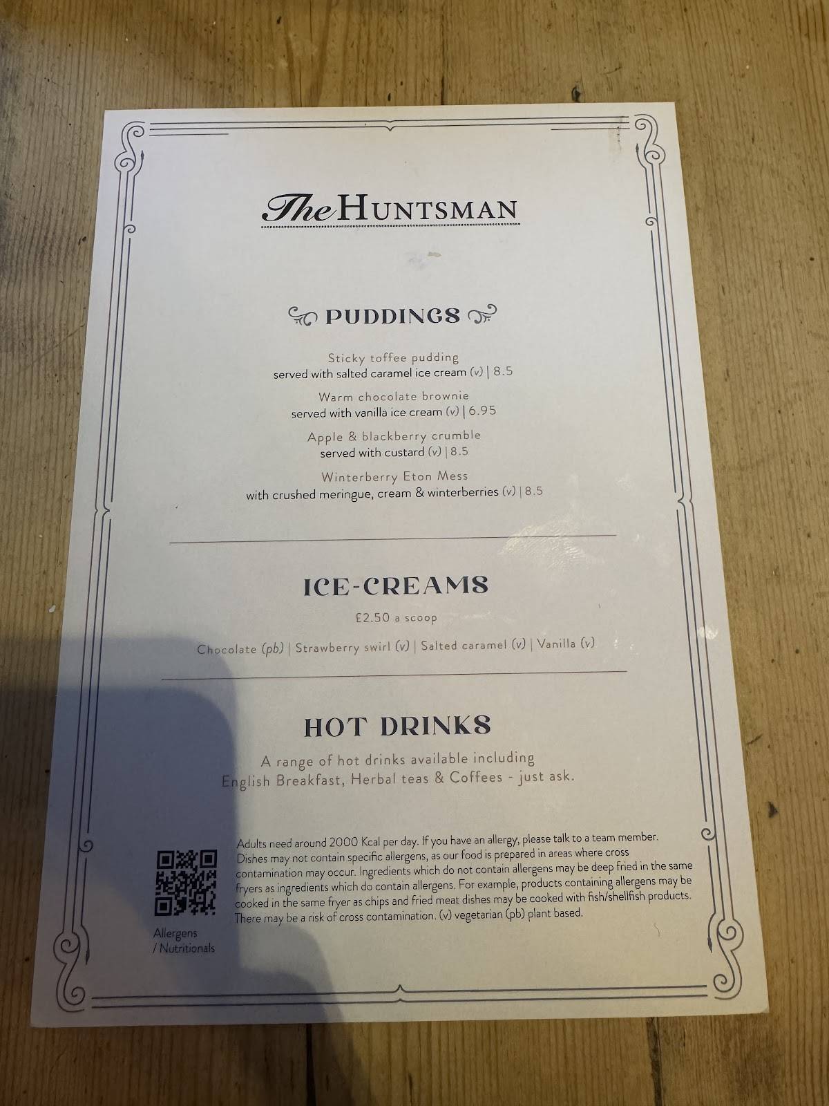 Menu at The Huntsman, Bath pub & bar, Bath