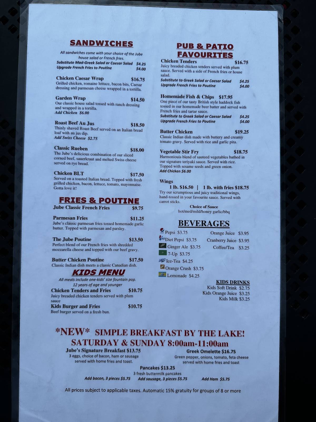 Menu at The Jube Pub & Patio, Oshawa