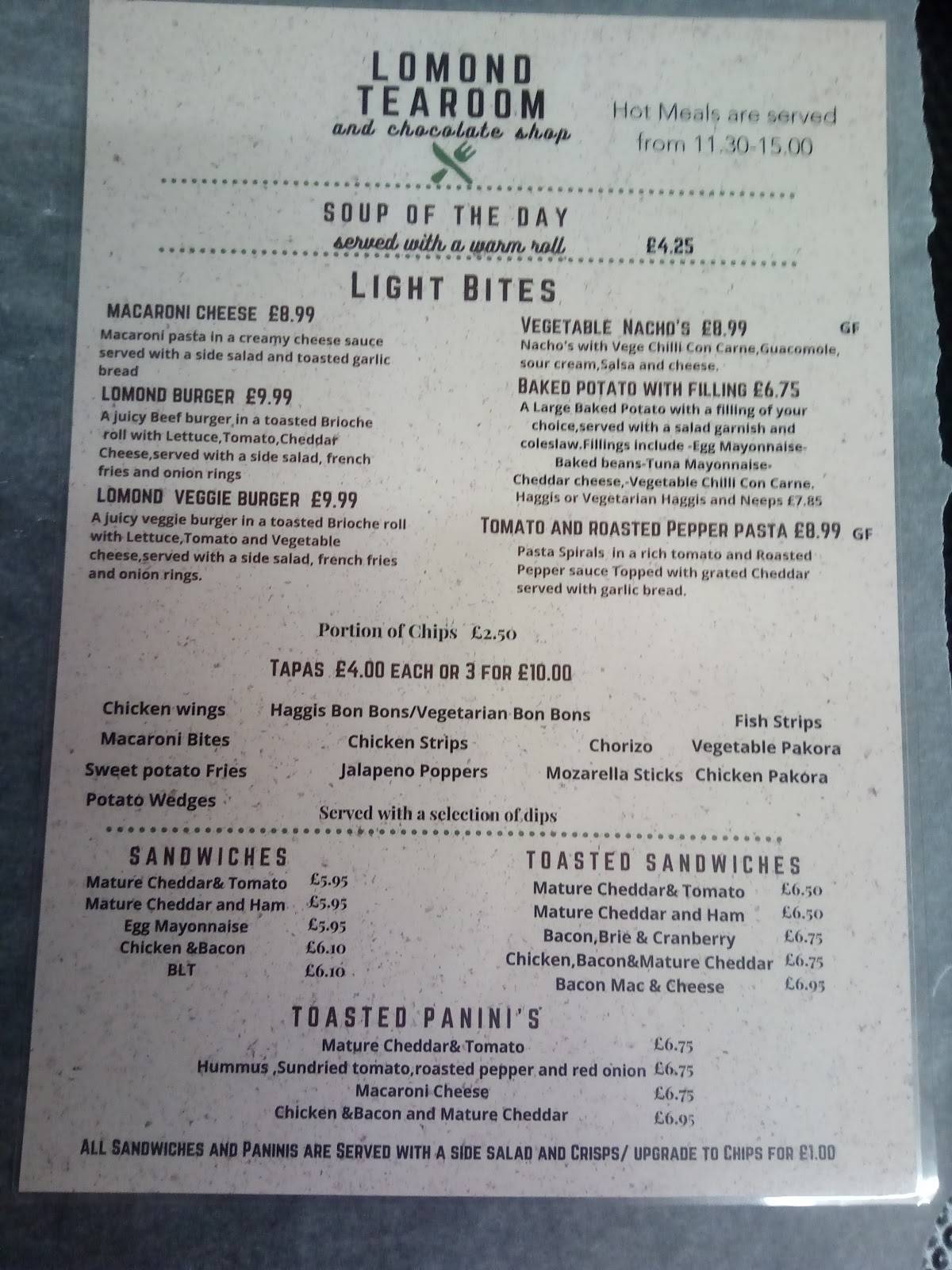 Menu at The Lomond Tearoom and Chocolate Shop pub & bar, Falkland