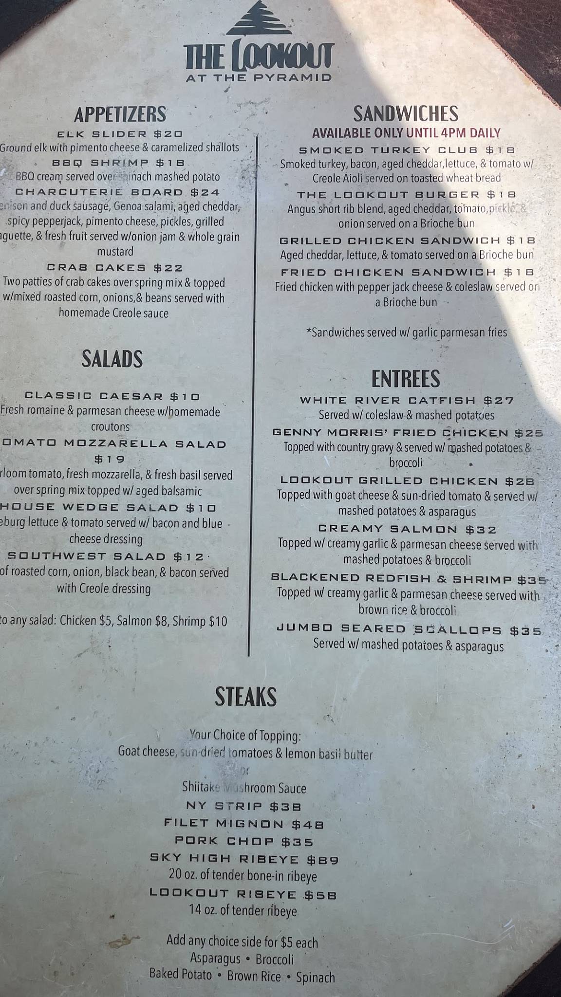 Menu at The Lookout at the Pyramid pub & bar, Memphis