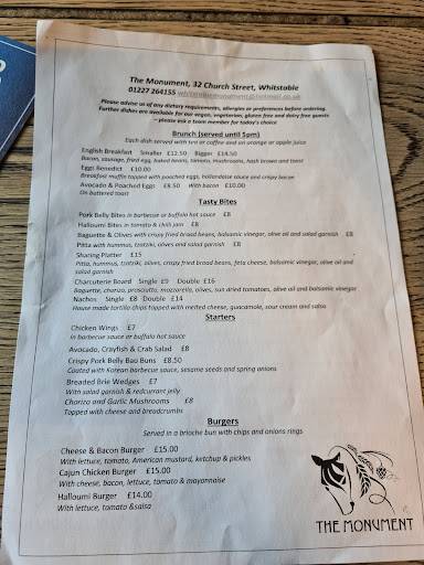 Menu at The Monument pub & bar, Whitstable