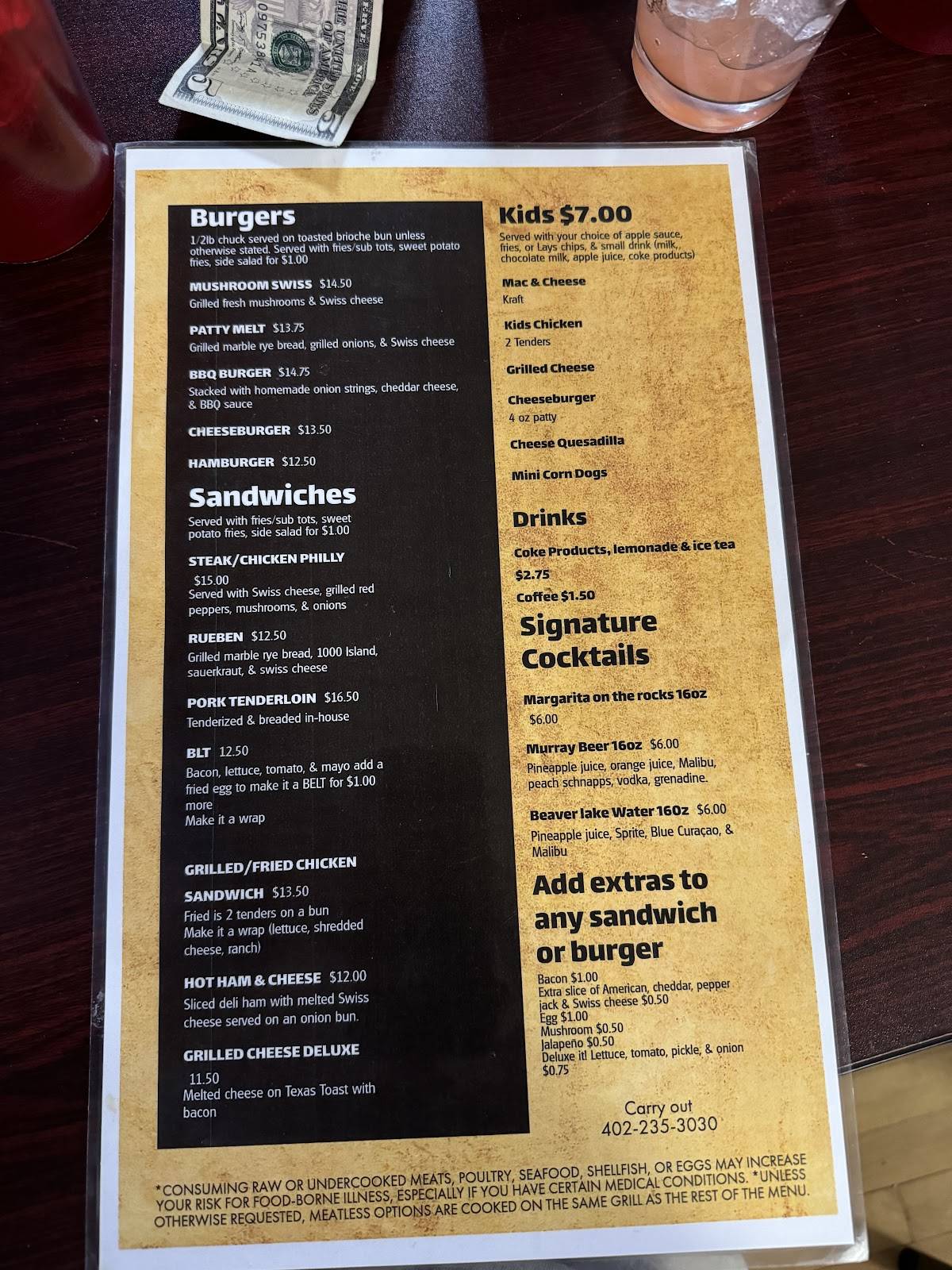 Menu at The Murray Bar, Murray