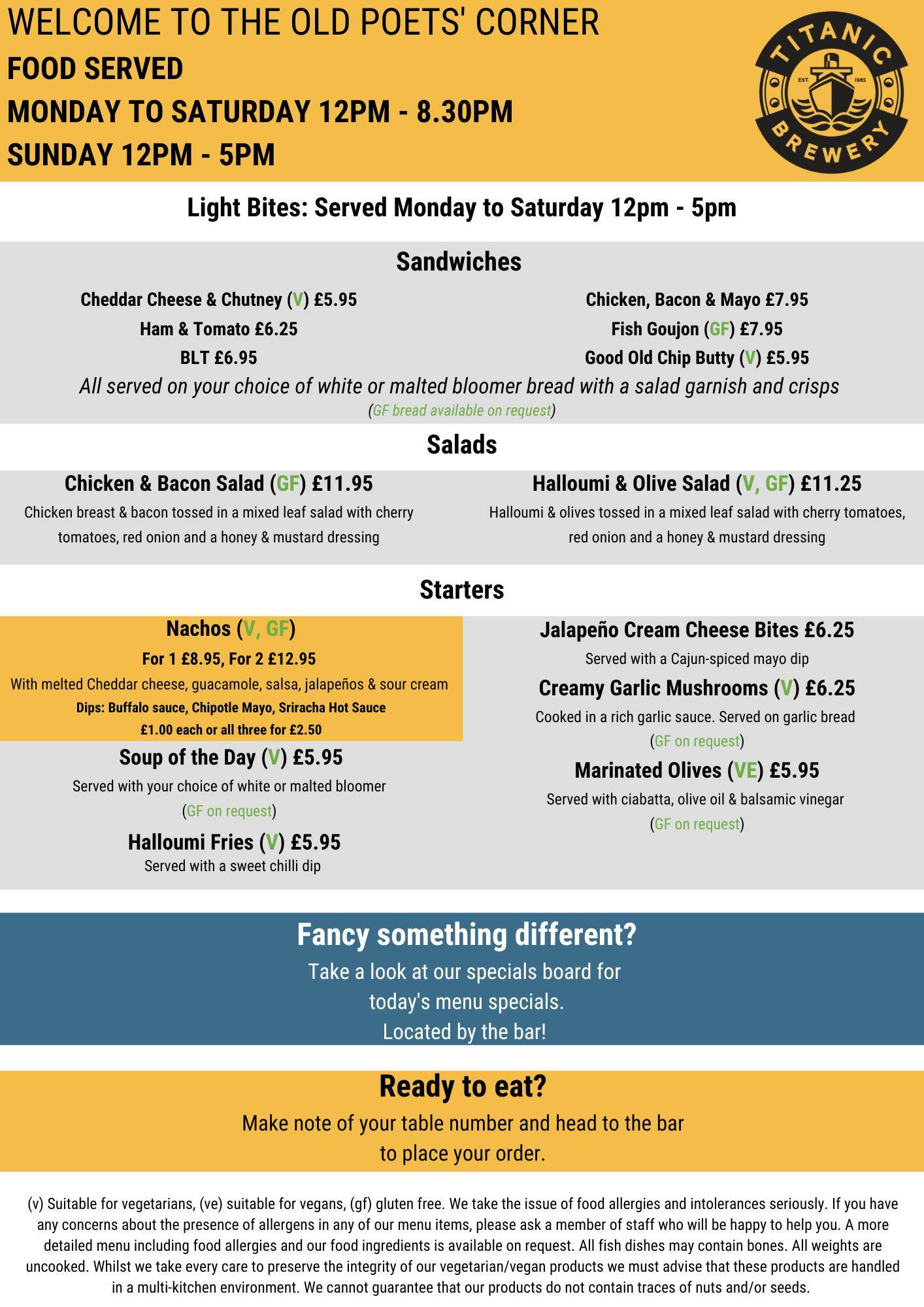 Menu at The Old Poets Corner. pub & bar, Ashover