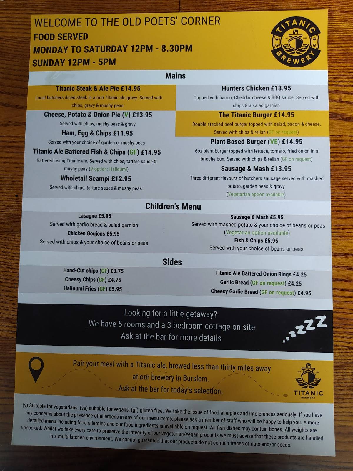 Menu at The Old Poets Corner. pub & bar, Ashover