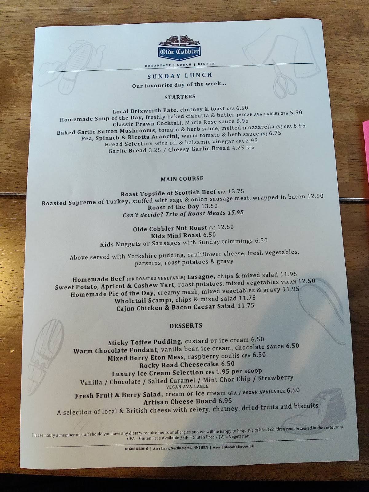 Menu at The Olde Cobbler restaurant, Northampton