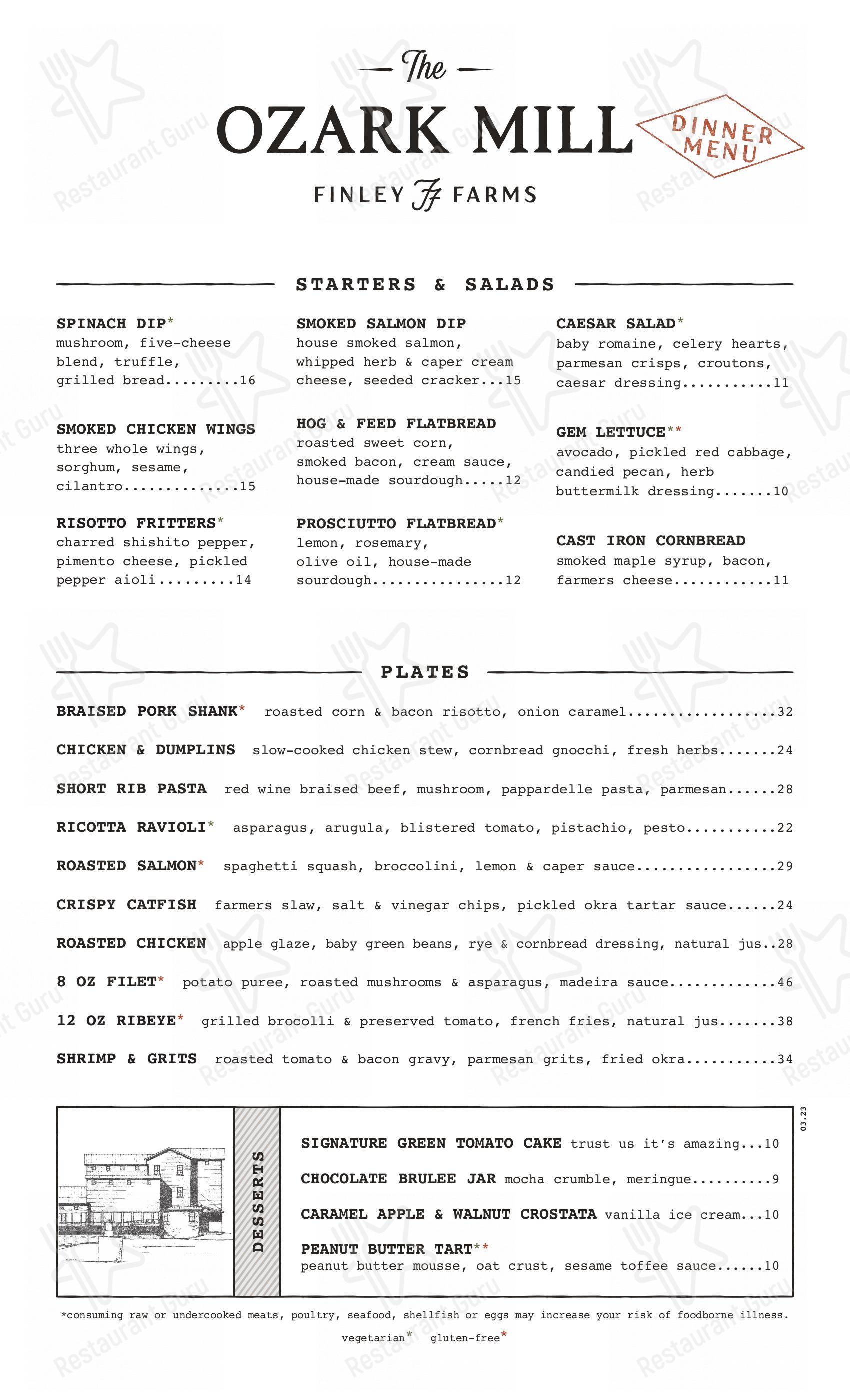 Menu at The Ozark Mill Restaurant at Finley Farms, Ozark