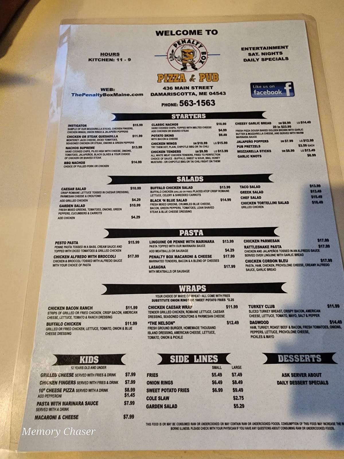 Menu at The Penalty Box pub & bar, Damariscotta