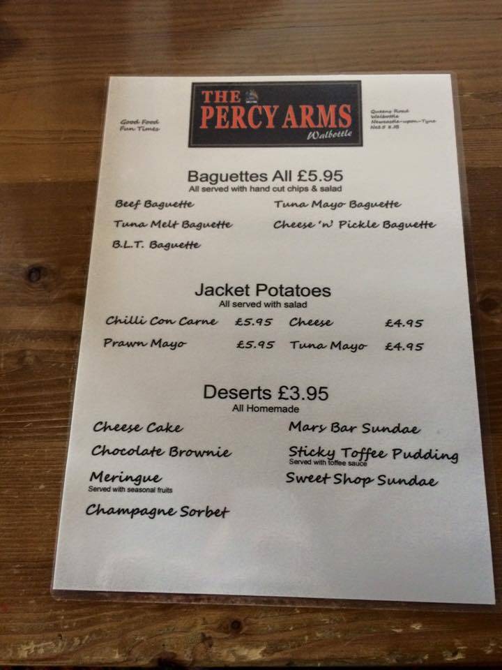 Menu at The Percy Arms Walbottle pub & bar, Newcastle upon Tyne, Queens Rd