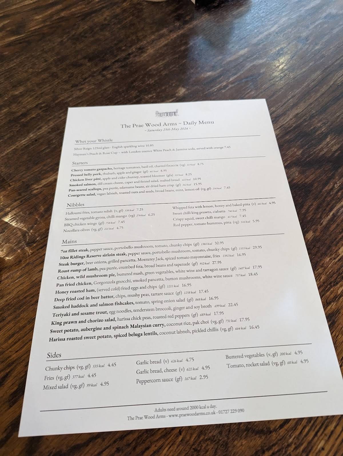 Menu at The Prae Wood Arms pub & bar, St Albans