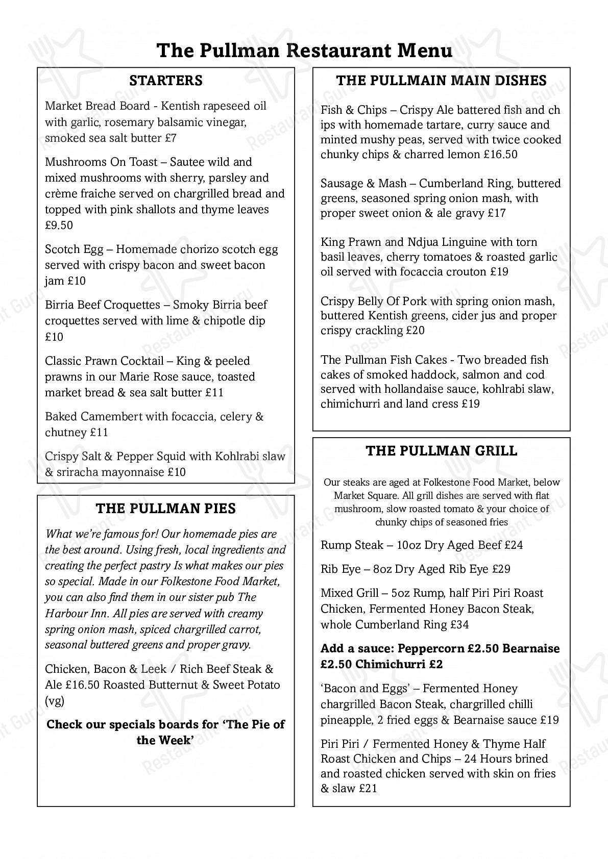 Menu at The Pullman Folkestone pub & bar, Folkestone, 7-9 Church St