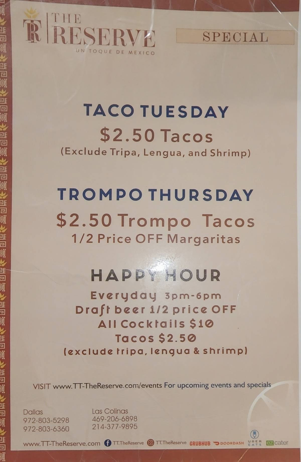 Menu at The Reserve - Las Colinas pub & bar, Irving