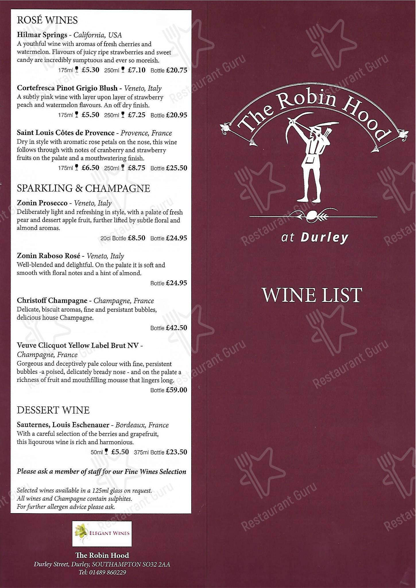 Menu at The Robin Hood pub & bar, Upham