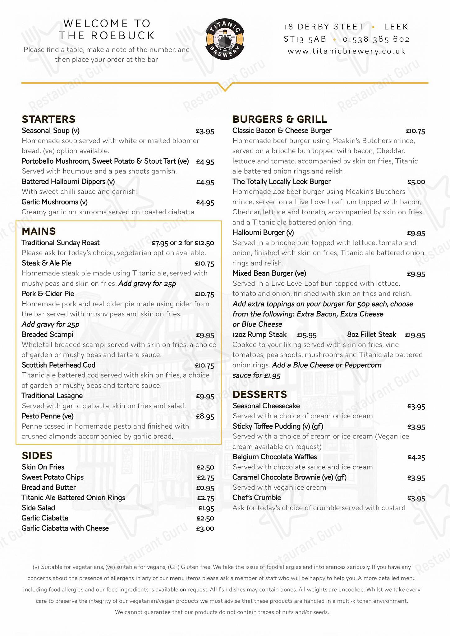 Menu at The Roebuck pub & bar, Leek